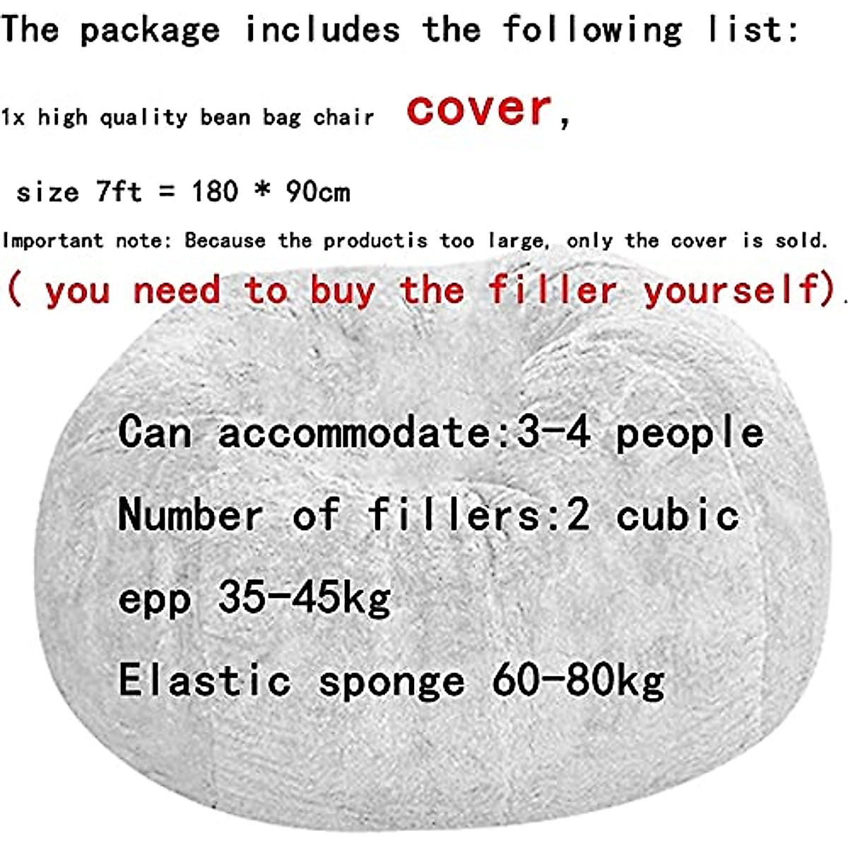 EKWQ 6FT Bean Bag Chair Cover(it was only a Cover, not a Full Bean Bag) Living Room Furniture Big Round Soft Fluffy Faux Fur BeanBag Lazy Sofa Bed Cover Giant Fur Bean Bag Cover