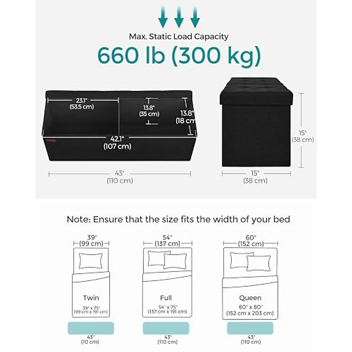 SONGMICS 43 Inches Folding Storage Ottoman Bench, Storage Chest, Foot Rest Stool, Bedroom Bench with Storage, Black ULSF077B01