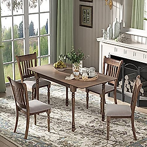 Giantex 5-Piece Dining Table Set, Solid Rubber Wood Farmhouse Kitchen Table Set w/Extendable Rectangular Table & 4 Upholstered Chairs, Kitchen Table and Chairs Set Dinette Set for 4-6 Persons