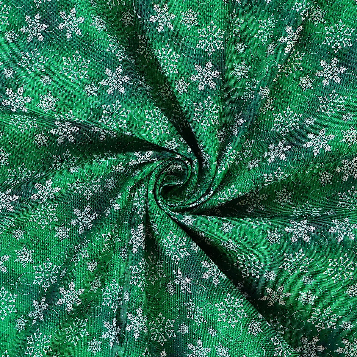 Mook Fabrics Cotton 2024 Christmas Snowflakes, Green Cut by The Yard