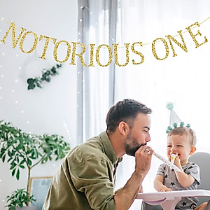 Notorious One Banner, First Birthday Party Decorations Supplies, Hip Hop Theme One Year Old Bday Bunting Sign, Pre-strung, Gold Glitter