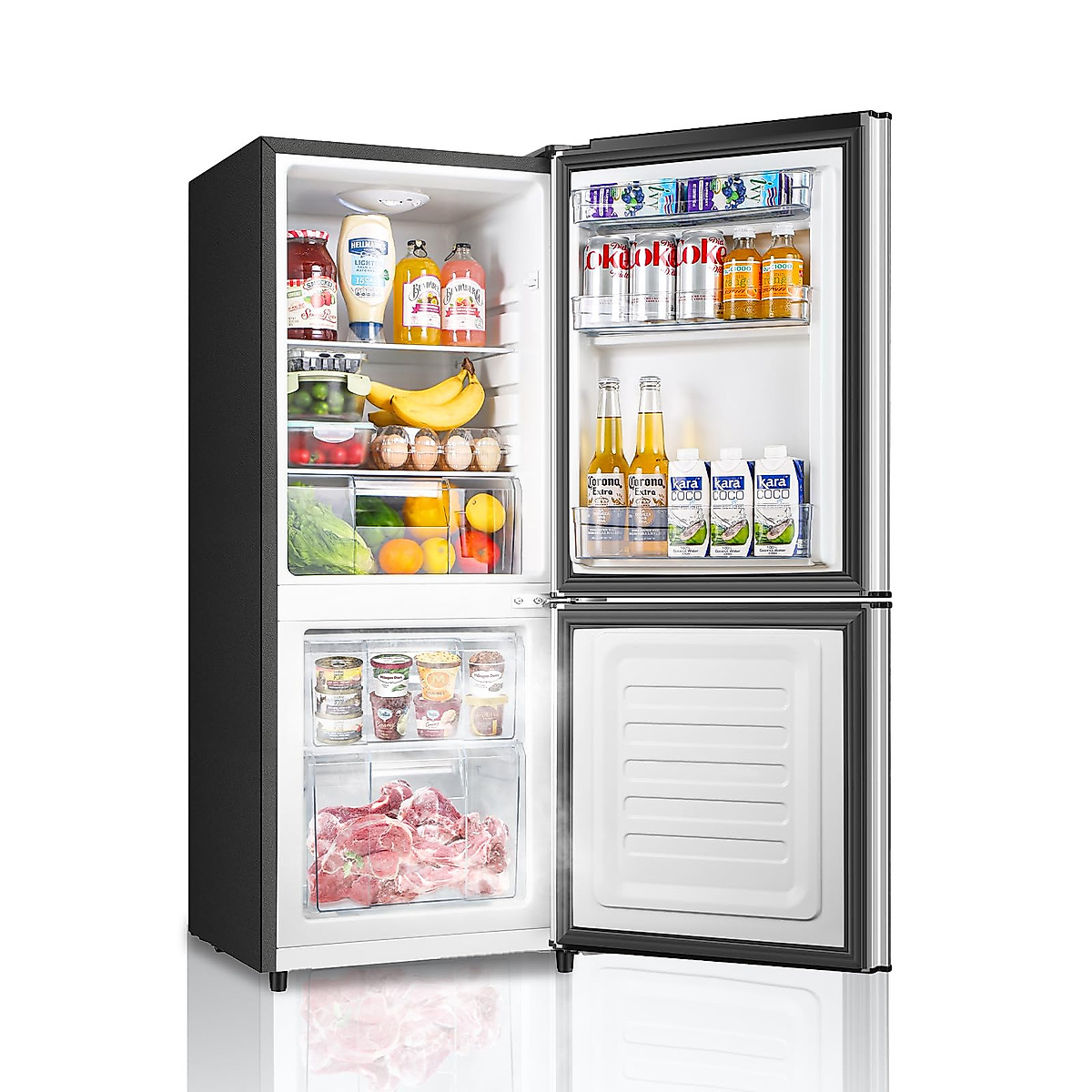 Saeoola Mini Fridge with Freezer on Bottom, 4.0 Cu.Ft, 2 Doors Compact Small Refrigerator with Bottom Freezer for Apartment, Dorm, Office, 7-Level Temperature Control, Removable Shelves (Sliver)