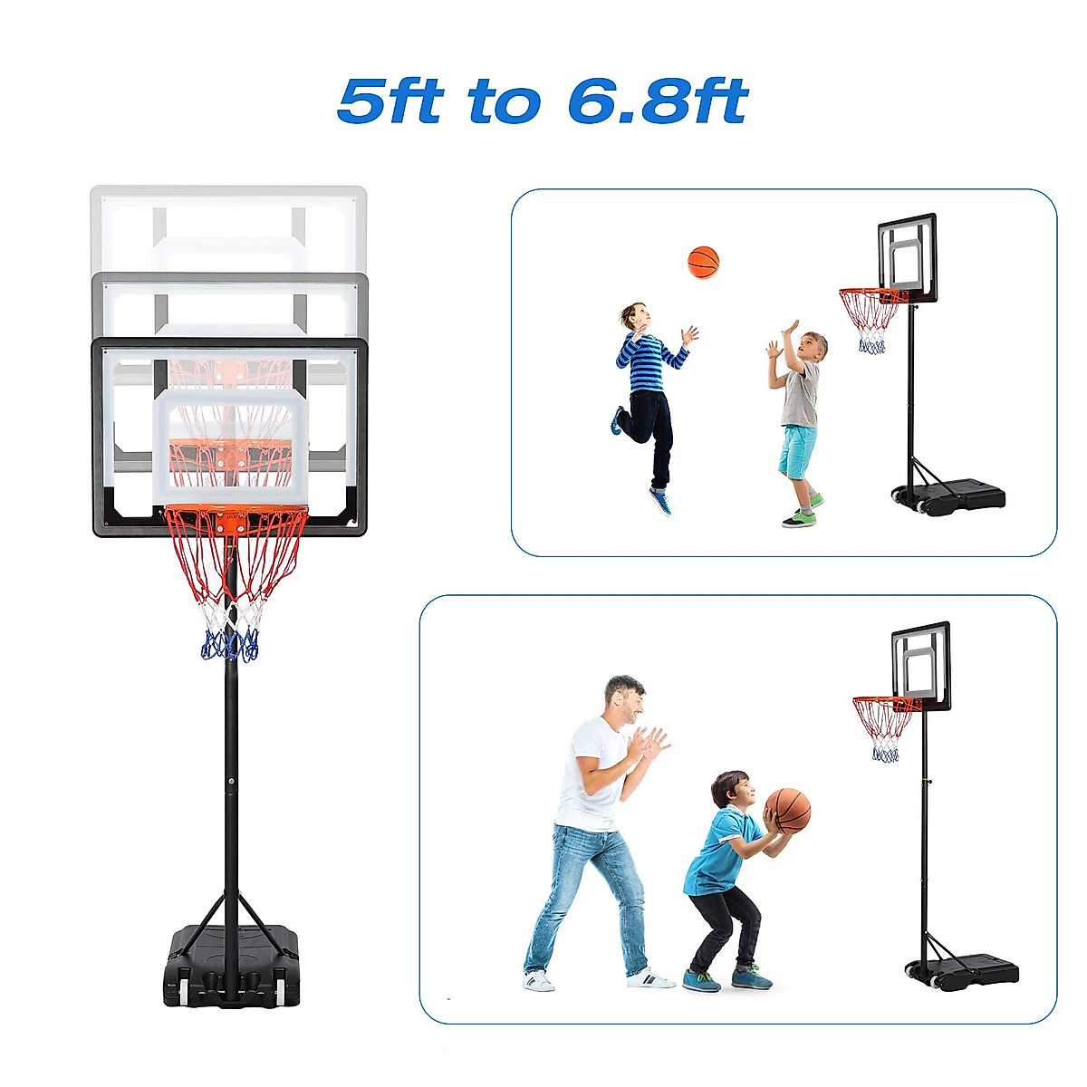 DC DICLASSE Basketball Hoop for Kids, Grow with Kids, Adjustable Height 5Ft – 6.8Ft, Basketball Portable Hoops & Goals, w/Wheels Indoor Outdoor Basketball Goal, Stable Construction Black