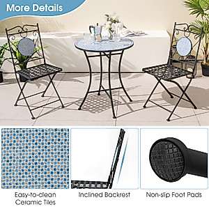 Tangkula 3 Pieces Patio Bistro Set, Outdoor Garden Furniture Set with Mosaic Round Table and 2 Folding Chairs, Outdoor Bistro Set for Porch, Terrace, Balcony