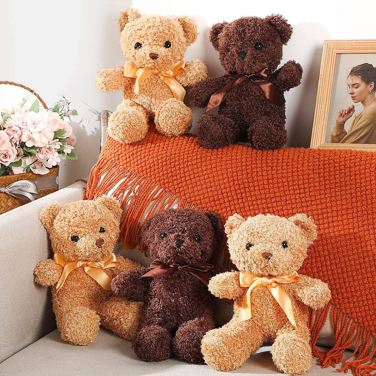 5 Pcs Bears Stuffed Animal Soft Plush Toys 12 Inches Cute Bear Small Shaggy Bear with Hoodie Bow Tie for Kids Boys Girls Baby Shower Birthday Party (Light Brown, Dark Brown, Bow Tie Style)