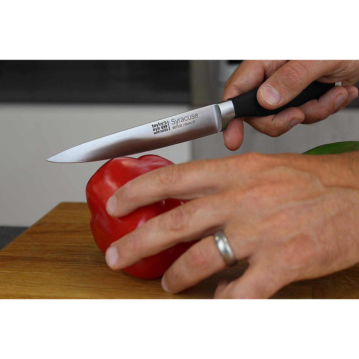 Taylors Eye Witness Syracuse All Purpose Kitchen Knife - Professional 13cm/5” Cutting Edge, Multi Use. Ultra Fine Blade, Precision Ground Razor Sharp. Soft Textured Grip Matte Black Handle.