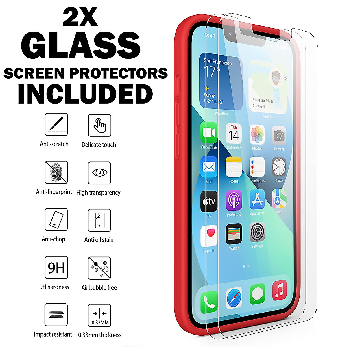 CellEver Heavy-Duty Silicone Case for iPhone 13 Mini - Two Shatterproof Glass Screen Protectors, Military Drop Protection, Scratch-Free Interior, Bright Red