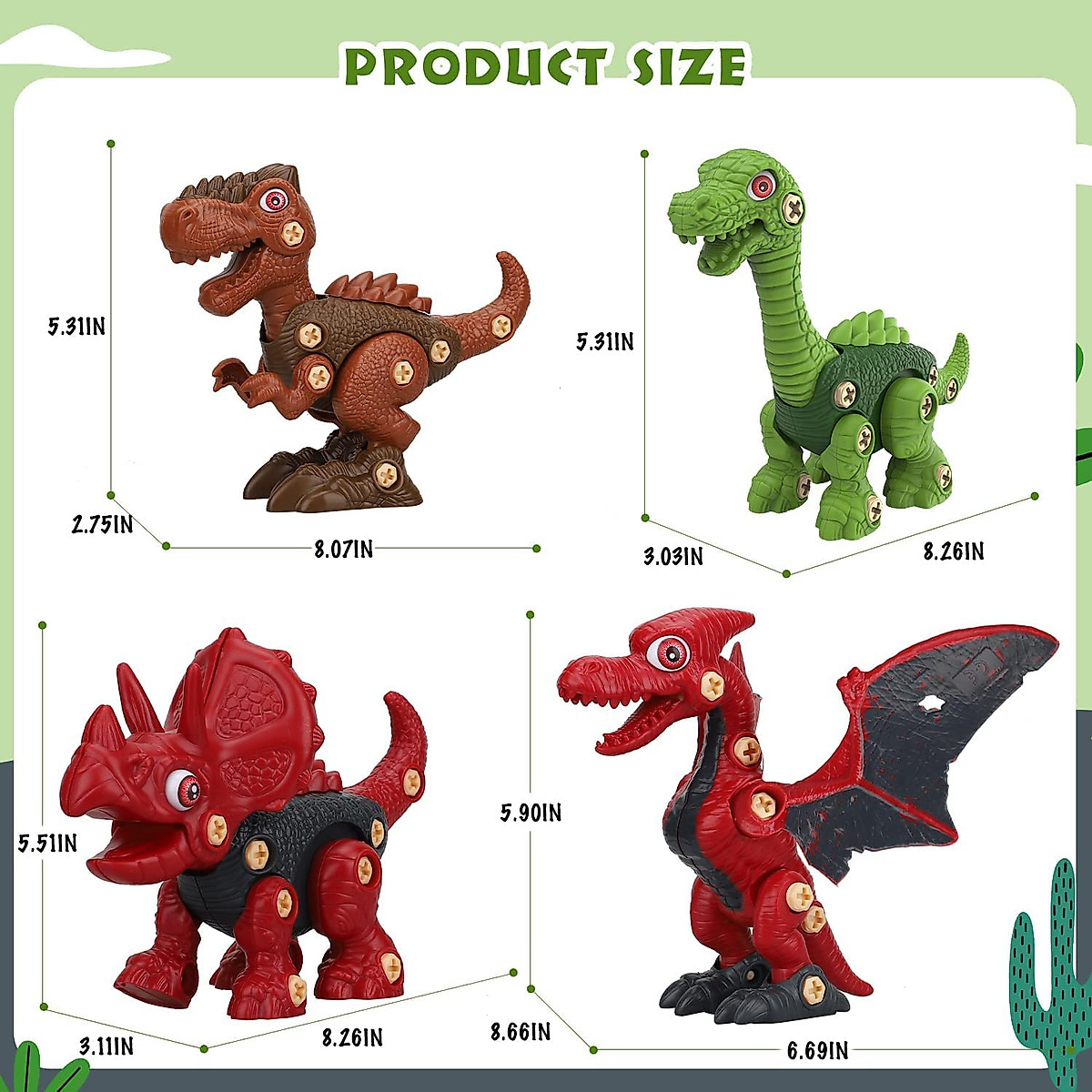 TOY Life 4-Pack Take Apart Dinosaur STEM Toys for Ages 3-12, Educational Building & Construction Set, Toddler Boys Gift, Preschool Learning Dinosaur Games with Tools