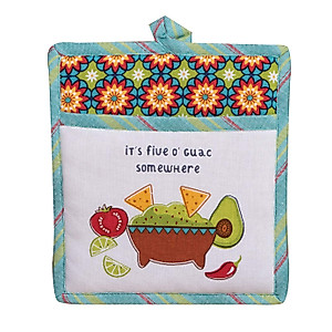 DHE Guacamole Nachos Kitchen Accessory Bundle of 2 Pocket Mitts and 2 Dual Purpose Towels, It's Five O'Guac Somewhere, Multi-coloared