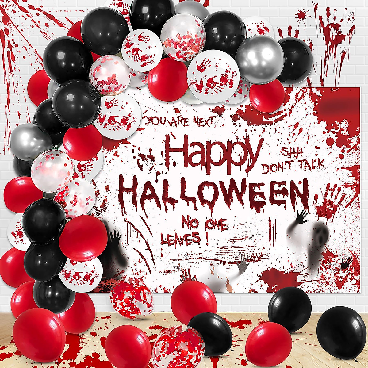 Halloween Balloon Arch Kit Scary Halloween Party Decorations, Horror Balloons Garland for Wall Decor Indoor with HAPPY HALLOWEEN Backdrop