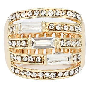 Lavencious 5 Rows Design with Crystals Stretch Rings Statement Rings Free Size for Women (Gold + Clear Crystals)