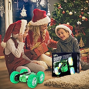 28℃ Remote Control Car, RC Cars Stunt Car Toy, 4WD 2.4Ghz Double Sided 360° Rotating RC Stunt Car with Headlights Wheel Lights, RC Cars Toys Gift for Kids Boys Girls on Birthday Christmas (Green)