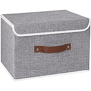 Yawinhe Collapsible Storage Boxes 1 Pack, Linen Fabric Storage Baskets Washable, with Lids and Leather Handle, for Home Bedroom Closet Office, (Grey, 15.0x9.8x9.8in), USNK024GL-1
