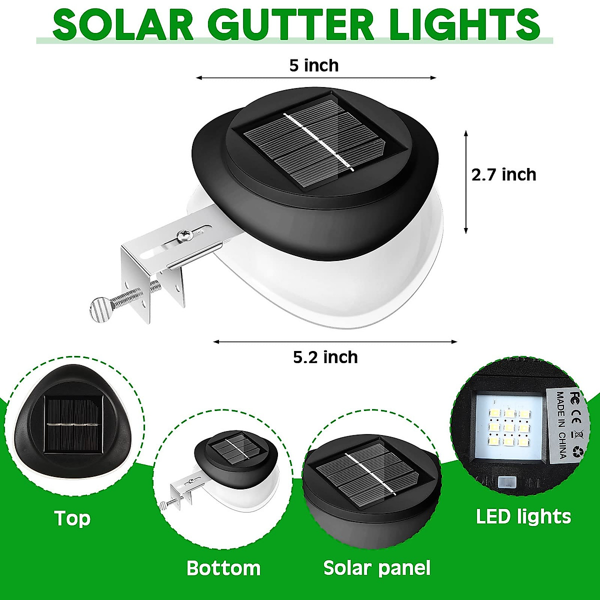 12 Pieces Solar Gutter Solar Lights Outdoor 9 LED Waterproof Gutter Solar Lighting Deck Fence Sun Power Lamps White Light for Garden Backyard Pathway Roof Yard Utility Patio Wall (Black)