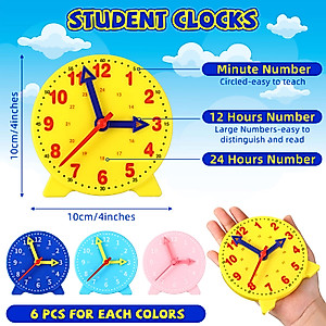 Batiyeer 24 Pcs Teaching Clock Kit for Kids to Tell Time Teaching Clock Mini Geared Clock for Kids Basic Math Development Teacher and Classroom Supplies, 4 Inch (Dark Blue, Yellow, Pink, Sky Blue)
