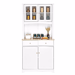VINGLI Buffet Cabinet with Hutch Kitchen Pantry Storage Cabinet White Sideboard for Kitchen Storage Microwave Cabinet with Storage, 4 Doors, 2 Adjustable Shelves & 2 Drawers