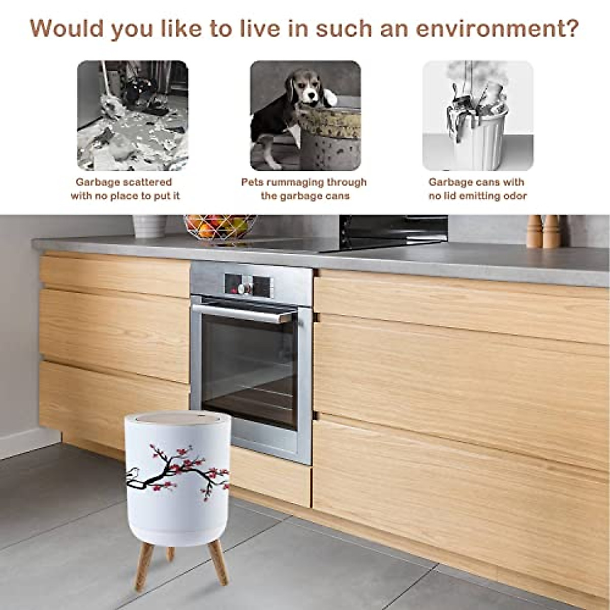 Small Trash Can with Lid Bird on Cherry Blossoms Branches Ink Oriental Style Painting 7 Liter Round Garbage Can Elasticity Press Cover Lid Wastebasket for Kitchen Bathroom Office 1.8 Gallon