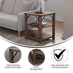 Flash Furniture Wyatt Modern Farmhouse 3 Tier Side Table - Rustic Oak Engineered Wood Frame - Black Metal Crisscross Side Braces and Corner Accents