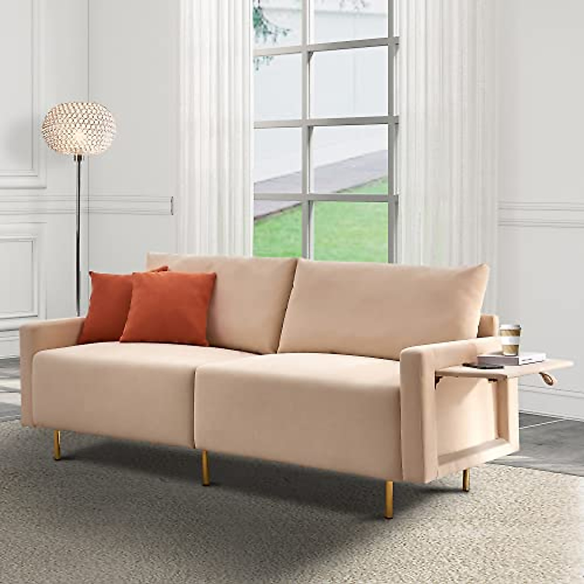 BAMOOLI 72.8'' Loveseat Sofa Couch, Mid Century Modern Linen Fabric Love Seat Sofa, Luxury 2 Seater Couch with Gold Metal Legs & 2 Throw Pillows, Comfy Couch for Living Room, Apartment, Office, Beige