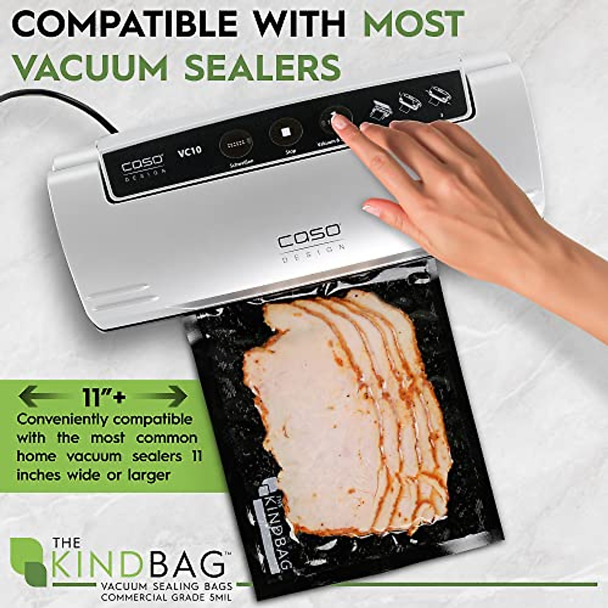 The Kind Bag Vacuum Seal Bags for Food; Food Grade, BPA Free & Freezer Safe; Airtight, Odor Free and Moisture Free; Commercial Grade 5mil Clear & Black; 11.5x24 inch Pre Cut Bags with Zipper (50 ct)