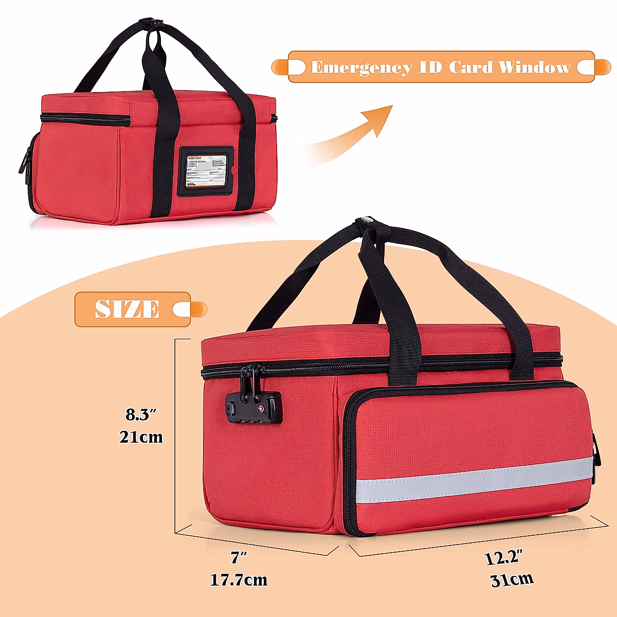 CURMIO Pill Bottle Organizer Bag with Lock, Medicine Organizer and Storage Case for Prescription Bottles, Empty First Aid Bag for Home and Travel, Red (Patented Design)