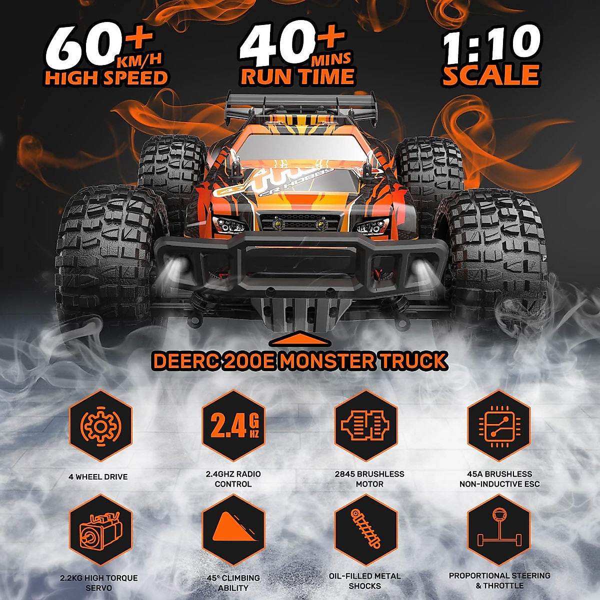 DEERC 200E 1:10 Large 3S Brushless High Speed RC Cars for Adults, 4X4 Fast RC Trucks W/Extra Shell LED Headlight, 60 KM/H, All Terrain Remote Control Car, Offroad Monster Truck for Boys,2 Battery