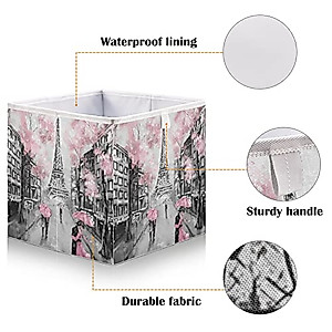 WELLDAY Storage Basket Pink Paris Tower Foldable 11 x 11 x 11 in Cube Storage Bin Home Decor Organizer Storage Baskets Box for Toys, Books, Shelves, Closet, Laundry, Nursery