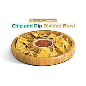 Bamboo Charcuterie Board/Cheese Board Chip and Dip Divided Bowl/Serving Platter with Ceramic Center Bowl/Dip Cup