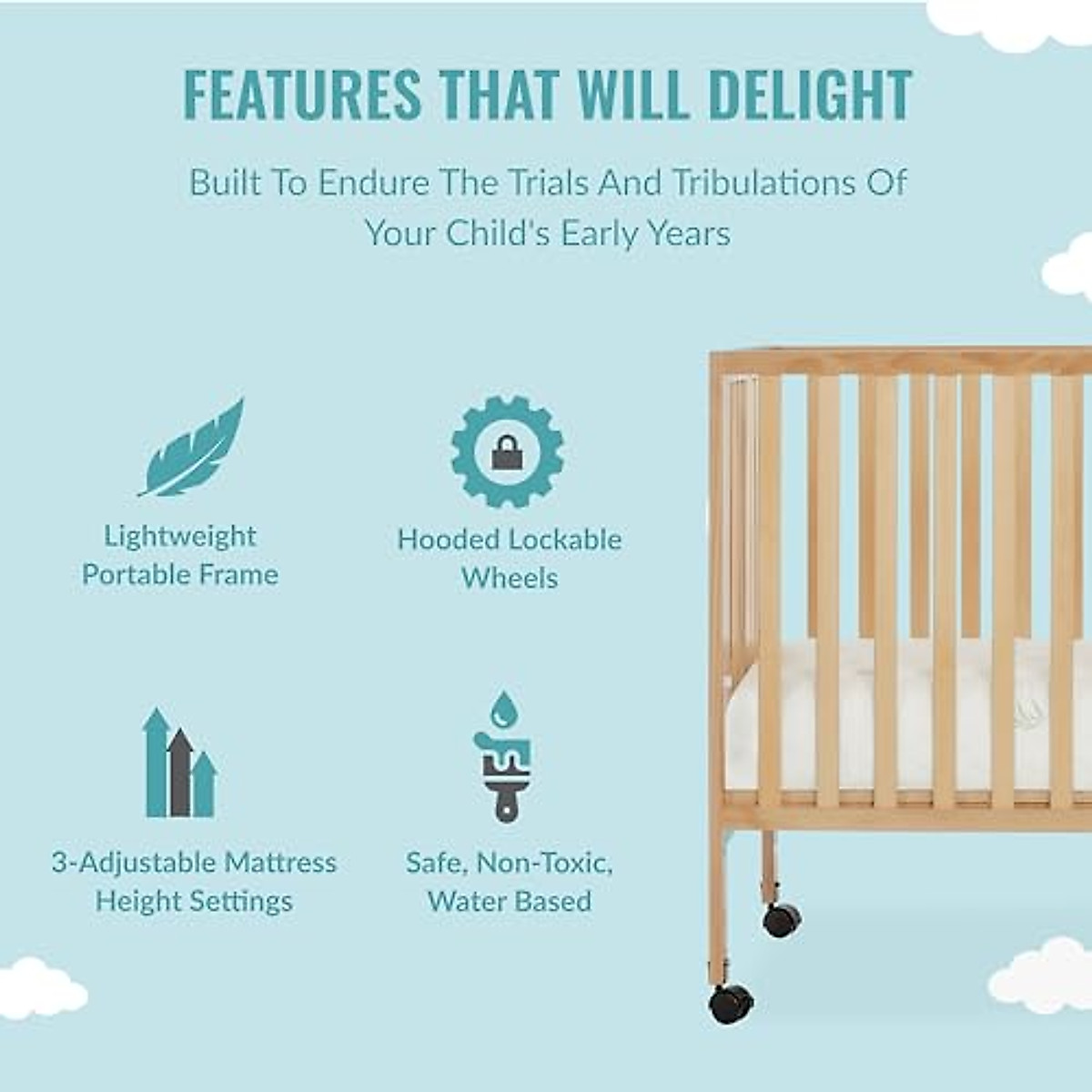 Dream On Me Quinn Full-Size Folding Crib in Natural, Removeable Wheels, Modern Nursey, Adjustable Mattress Support, Portable Crib, Patented Folding System