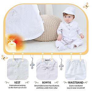 Booulfi Baby Boy Easter Outfit Baptism Christening Outfits for Boys White Tuxedo Suits Photoshoot Dedication Church Blessing Gifts with Shirt Pants Vest Shoes Hat 6-9 M