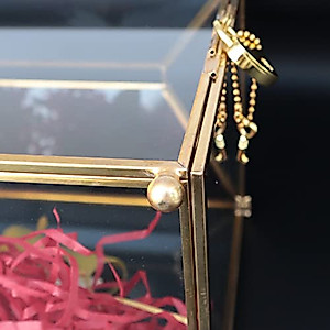QLQSIMON 10.2'' Handmade Gold Geometric Terrarium - Glass Wedding Card Box with Slot and Lock- Large Clear Display Box for Wedding Reception, Wishwell, Keepsake