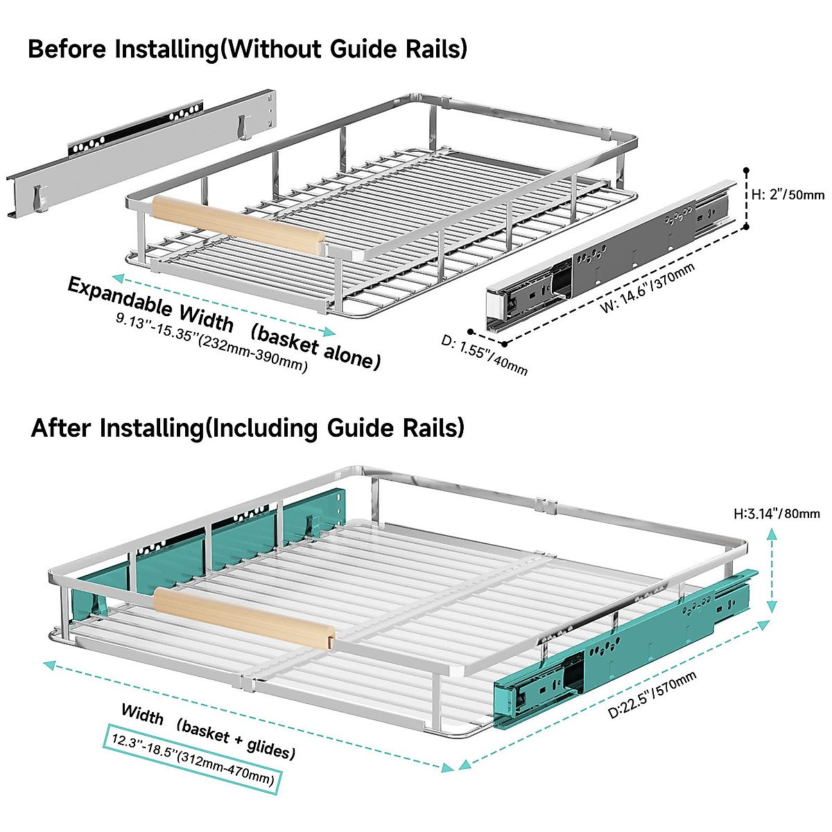jkxoo 2Pack Expandable Pull Out Cabinet Organizer, Adjustable Width:12.3~18.5''W x 22.5''D Under Sink Organizer, Drawer Storage Shelves for Kitchen, Bathroom, Closet, Pantry, Cupboard, Pots, Pans