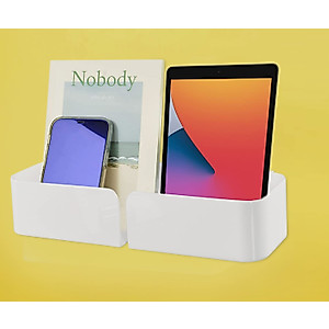 Home-X Floating Wall Organizer with Slit for Phone Charger, Easy Mountable Adhesive Wall Shelf, Wall Organizer for Bedside, Kitchen, or Office, 10" L x 3" W x 2" H, White