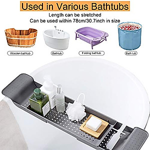 Expandable Bath Shelf Bathtub Caddy Tray Adjustable Plastic Shower Organizer Trays Extending Home Bathroom Sides Bath Tub Caddy Tray Rack Soap Shower Storage Kitchen Wine Tray Holder SPA Ttray (Gray)
