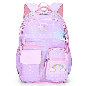 BYXEPA Girls Backpack, School Kids Backpacks, Cute Book Bag with Compartments for Teen Girl Kid Students Elementary Middle School(Purple)