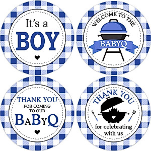 48PCS Baby Q Stickers, BBQ Baby Shower Decorations, Baby Que Baby Shower Stickers Party Favors Baby Q Thank You Stickers Blue Boy Baby Shower