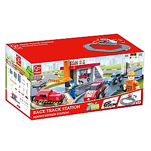 Hape Race Track Station Wooden Realistic Kids Race Track Toy with Two Race Cars, Carriages & Repair Station L: 25.2, W: 4.7, H: 23.6 inch