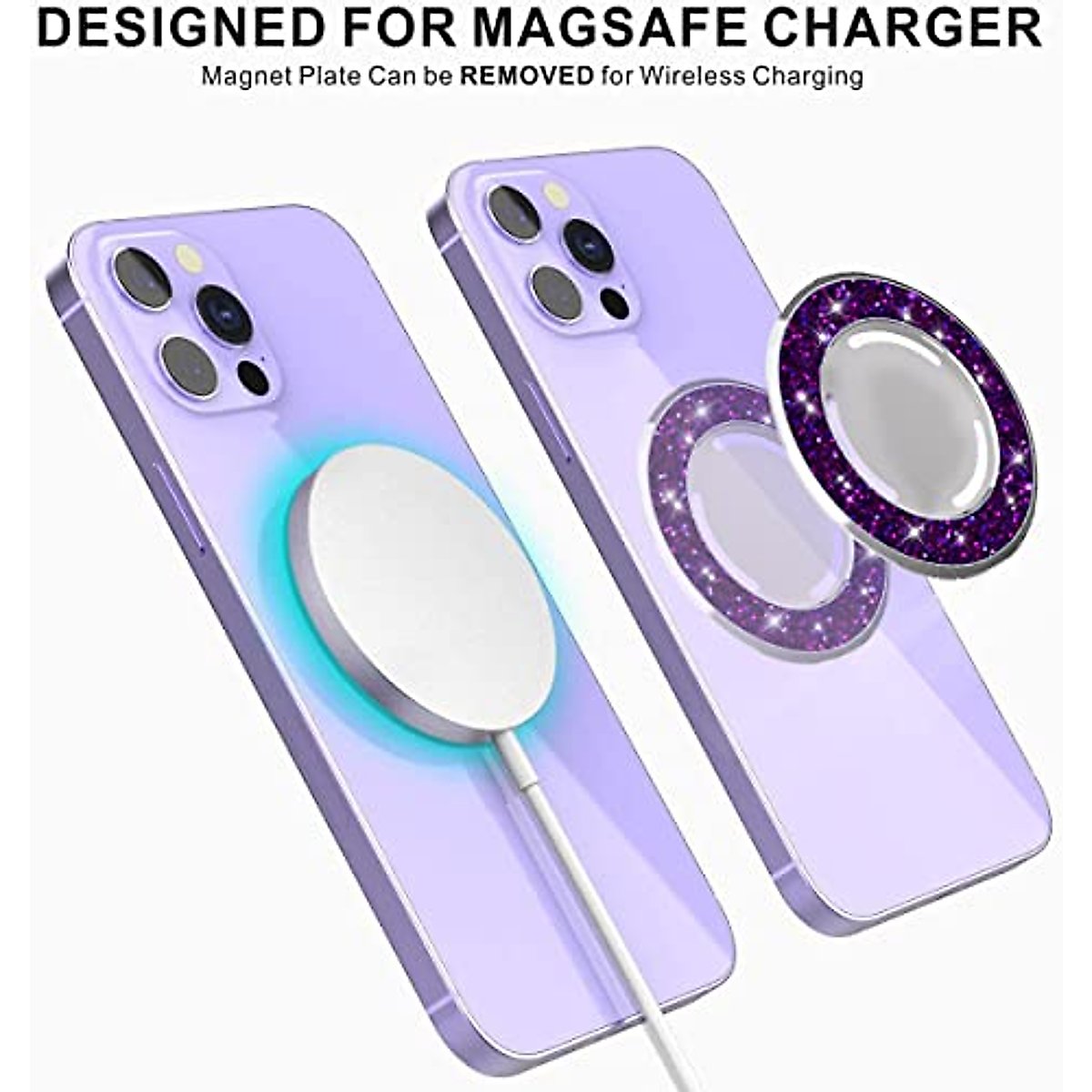 ROMSEA Glitter Compatible with Magsafe Socket Base Removable and Wireless Charging Compatible 【Base Only】 Work with Socket Grip, Ring Compatible with iPhone 14/13/12 Series,Glitter Purple.