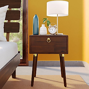 Bme Caden Solid Wood Nightstand/Side Table/End Table, Fully Assembled, with 1-Drawer for Mid Century Bedroom and Living Room, Walnut