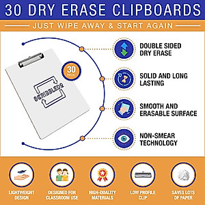 SCRIBBLEDO 30 Pack Double Sided Dry Erase Clipboards 9"x12" Durable Clipboards Bulk with 30 Dry Erase Erasers, Dry Erase Clipboard with Low Profile Clip for School, Classroom and Home Use