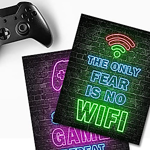 Printed Neon Gaming Posters Set of 4 (8”X 10”), Boys Room Decorations for Bedroom, gamer wall art,Gamer, Teen boy bedroom, game room, No Frames