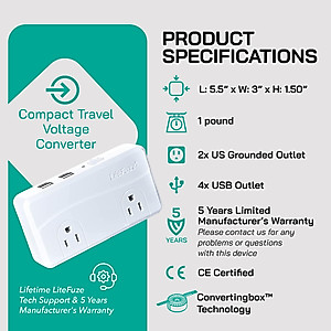 LiteFuze 200W Travel Compact Voltage 220V 50hz to 110V 60Hz Converter - for Clippers, Shavers, Trimmers - EU AU UK Adapter