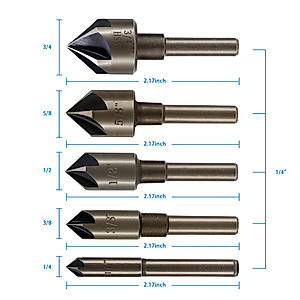 5-Piece HSS Countersink Drill Bit Set for Wood and Metal - 82 Degree 5 Flute High Speed Steel with 6mm Hex Shank - Sizes 1/4'' to 3/4'' - Includes Bit Case