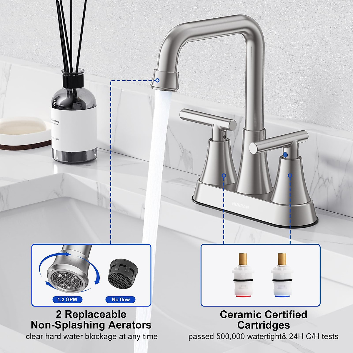 Bathroom Sink Faucet, Hurran 4 inch Brushed Nickel Bathroom Faucets for Sink 3 Hole with Pop-up Drain and Supply Lines, Stainless Steel 2-Handle Centerset Faucet for Vanity RV Restroom