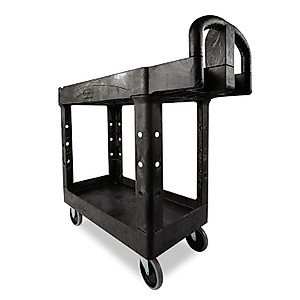 Rubbermaid Commercial Products 2-Shelf Utility/Service Cart, Small, Lipped Shelves, Ergonomic Handle, 500 lbs. Capacity, for Warehouse/Garage/Cleaning/Manufacturing (FG450088BLA)