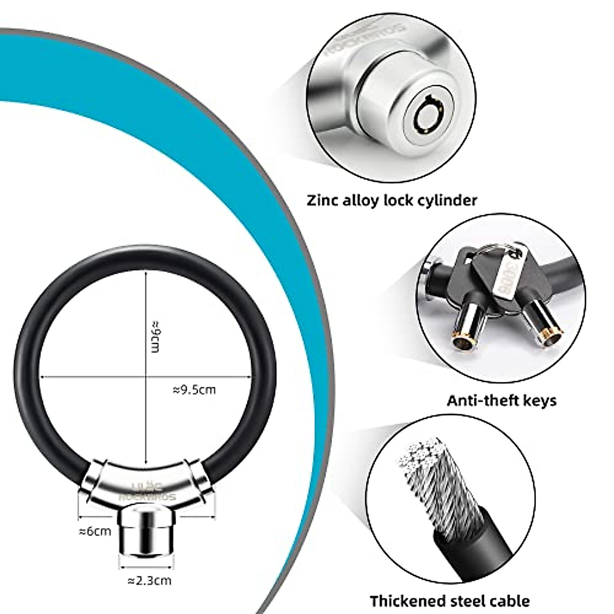 ROCKBROS Bike Cable Lock Portable Bicycle Lock Anti Theft Cable Lock for Bicycle Security Cycling Cable Lock with 2 Keys Road Mountain Bike Lock
