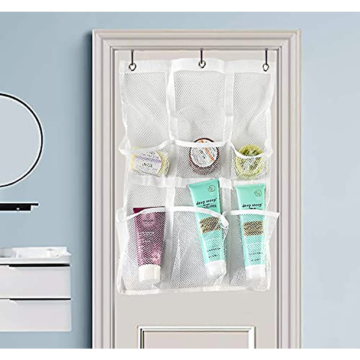 Home-X 6-Pocket Mesh Hanging Shower Caddy, Hang from Curtain Rods or Over the Door, Simple Bathroom Organizer for Soap, Shampoo, and More, 22" L x 15 ½” W, White