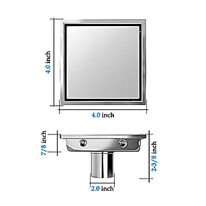 USHOWER 4 Inch Square Shower Floor Drain with Reversible 2-in-1 Tile Insert Cover,4" Brushed Nickel Tiled Insert Drain Grate 304 Stainless Steel, Includes Flange Base & Hair Strainer