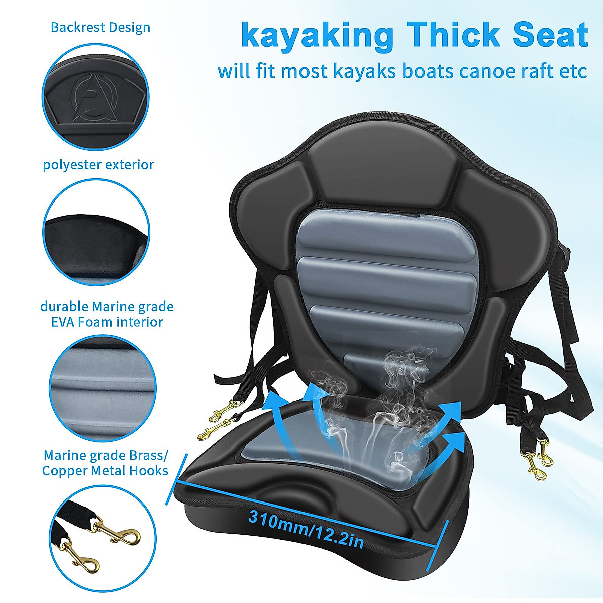 Kayak Seat Thickened Padded Kayak Seat Extra Thick Padded Sit-On-Top Canoe Seat Cushioned - Deluxe Fishing Boat Seat with 4 Pairs Fixed D-Ring & 4 Tie Down Pad Eyes and Screws for Kayaks Boats Canoes