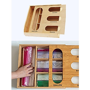 CNL DESIGNS INC. Bamboo Ziplock Bag Organizer for Drawer, Food Storage Organizer, Sandwich Bag Organizer for Kitchen, Compatible with Gallon, Quart, Sandwich & Variety Snack Size Bags.
